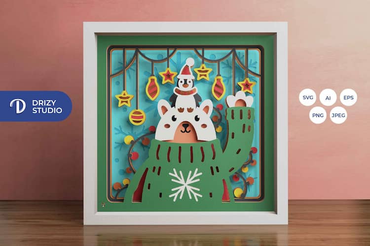 Winter Bear with Penguin 3D Shadow Box | Drizy Craft