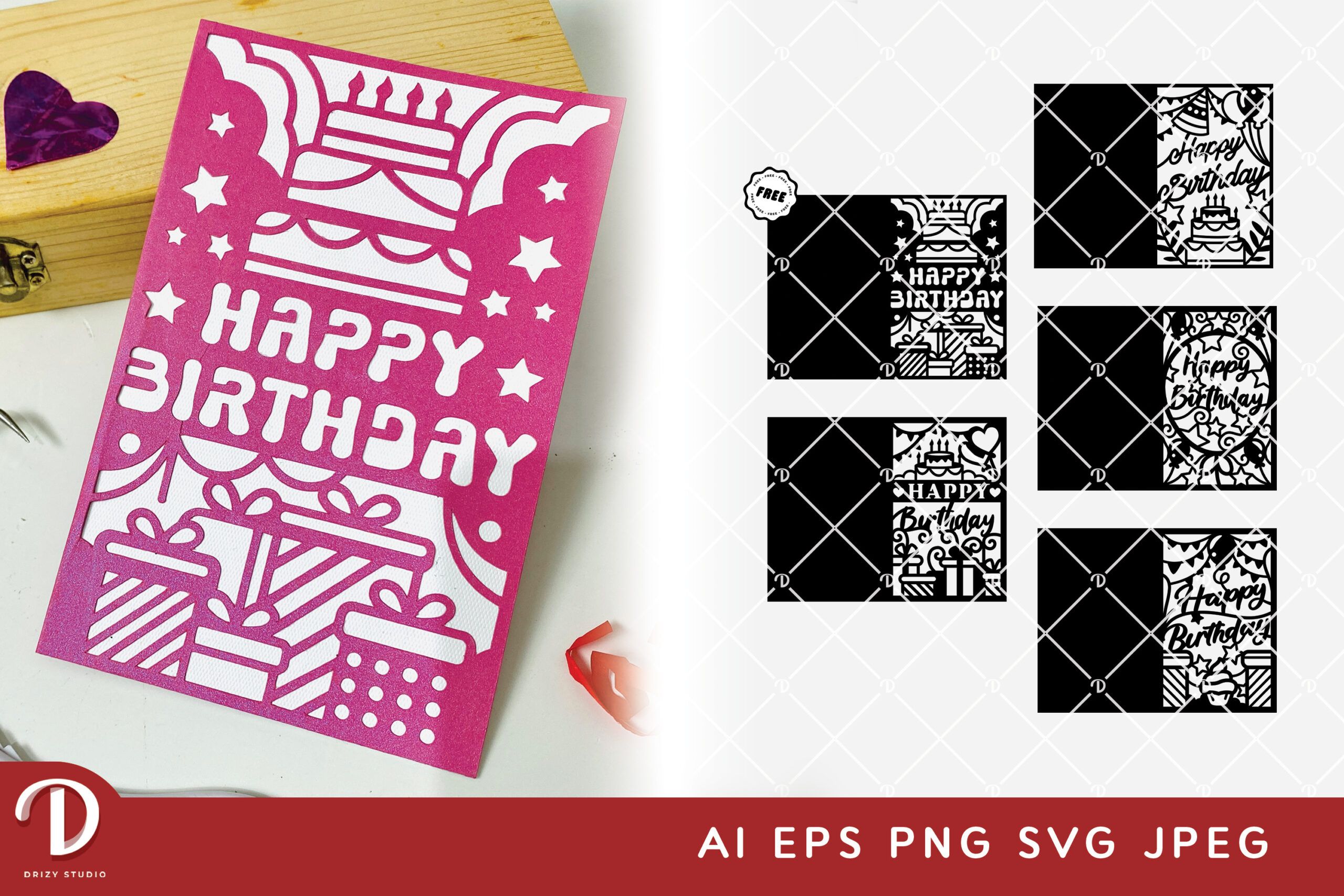 Happy Birthday Greeting Card Set of 5 - Birthday Card SVG | Drizy Craft ...