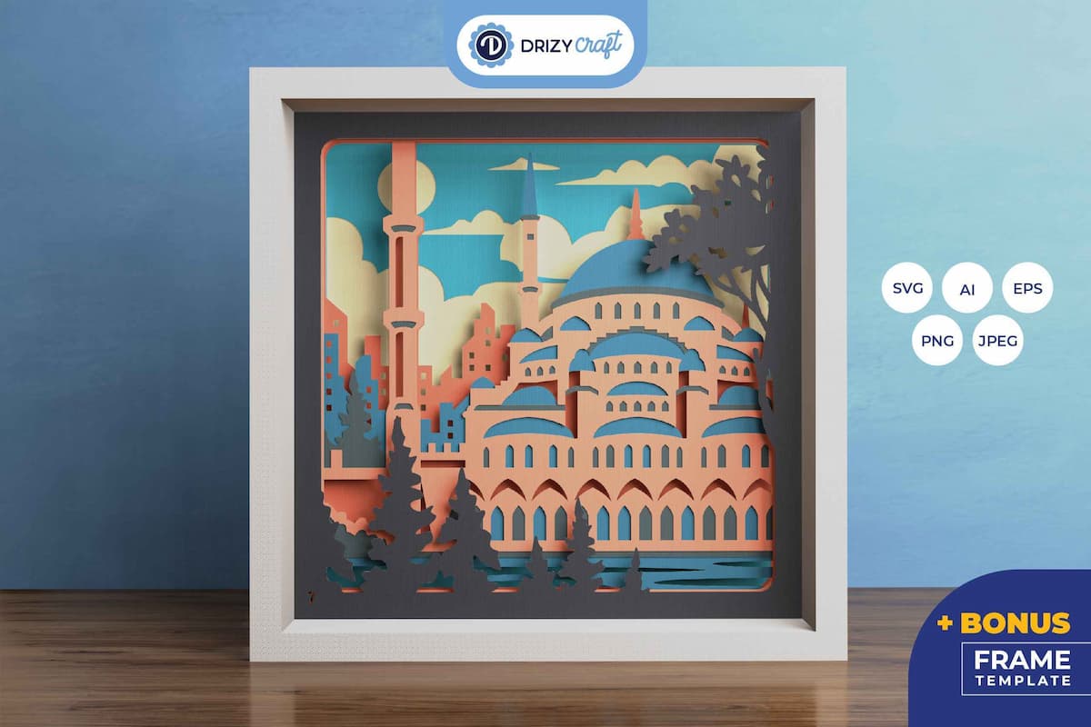 Blue Mosque 3D Shadow Box - Islamic Mosque 3D SVG | Drizy Craft